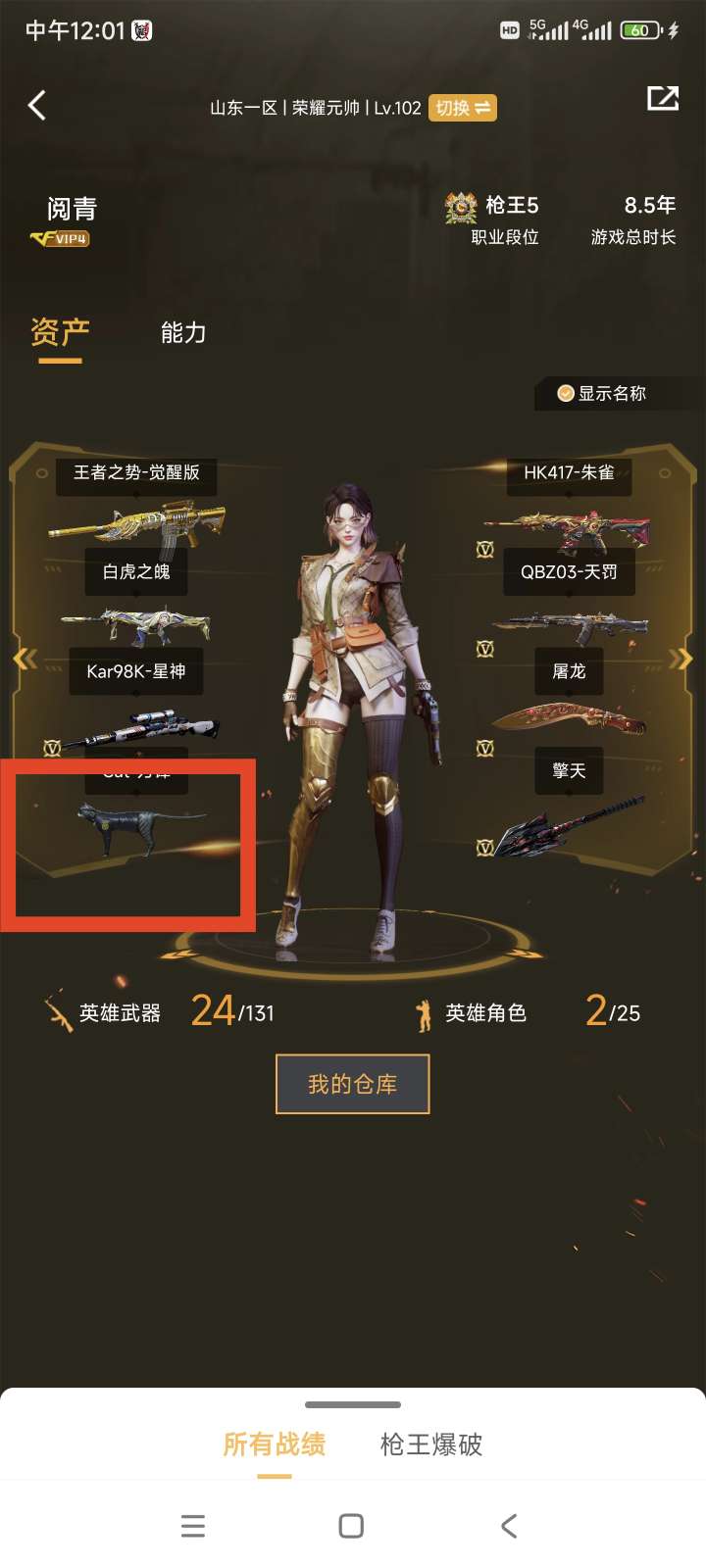 枪王4|白虎|艾莉莎|星神98K|QBZ天罚|猫咪刀锋|HK417-朱雀|开黑必备此穿越火线账号已出租59次帐号出租-租号玩